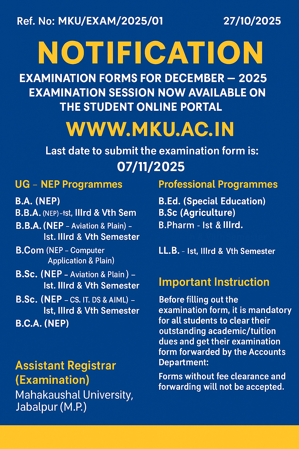 EXAM FORM NOTIFICATION - Mahakaushal University, Jabalpur